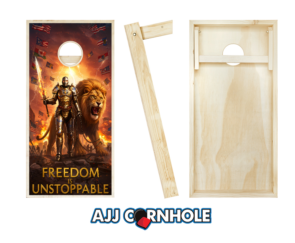 "Freedom is Unstoppable World Flags Knight Lion" Cornhole Set AJJ Cornhole